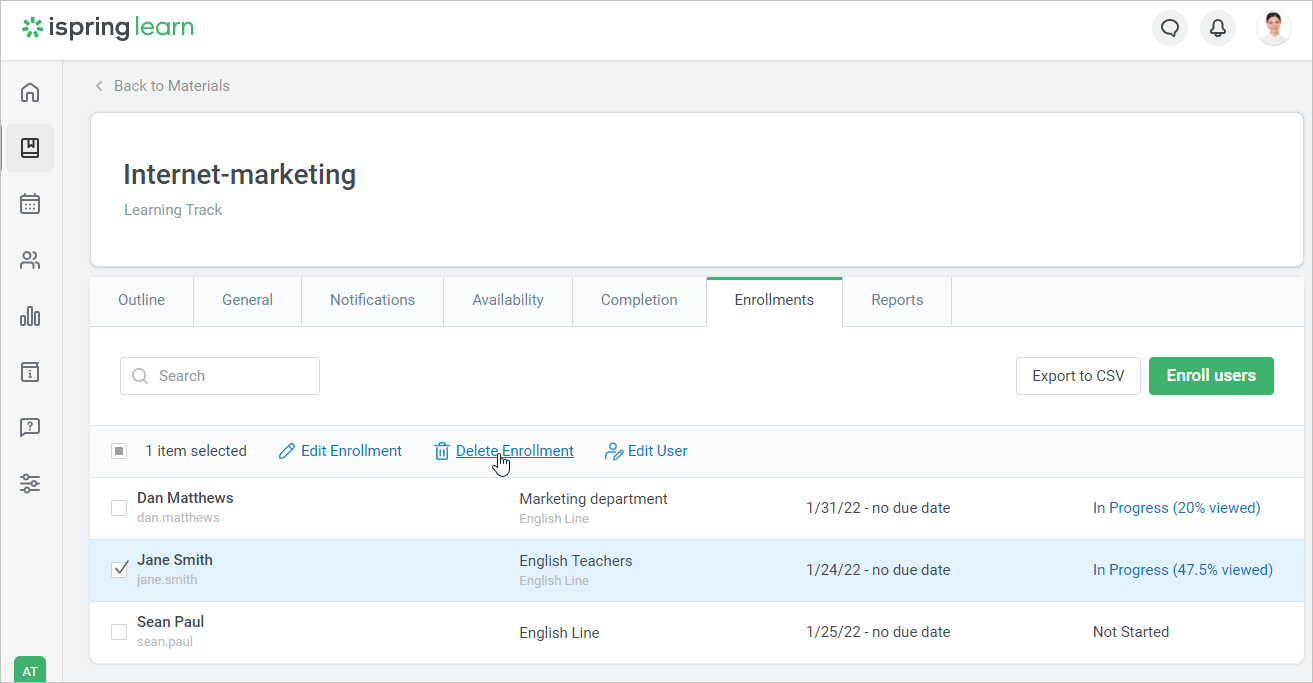 Deleting Learning Track Enrollment