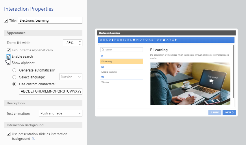 Glossary Interaction Properties