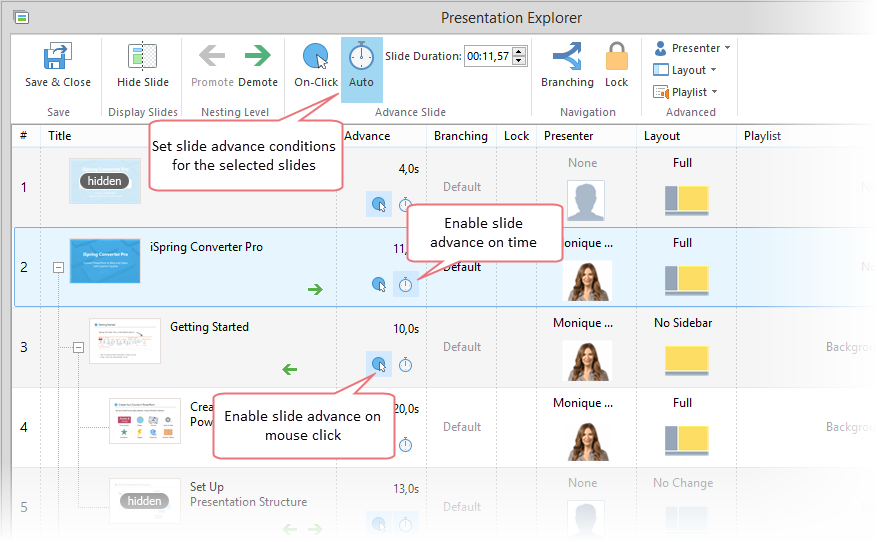 Setting Slide Advance Conditions