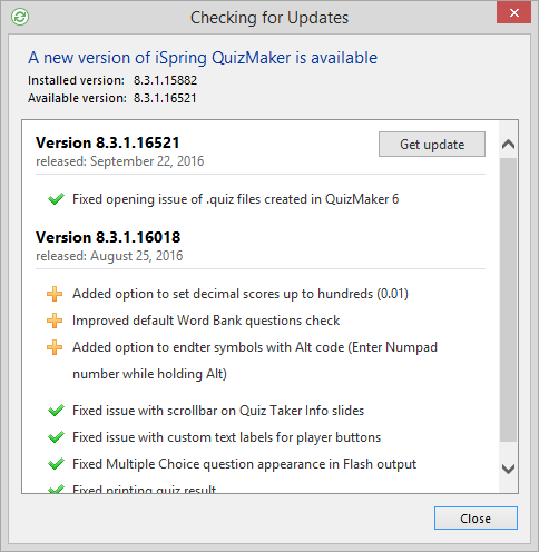 Updating iSpring QuizMaker